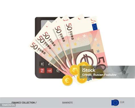 돈과 금융 50 유로 지폐와 금화 계산기 플랫 스타일 벡터 일러스트레이션 통화에 대한 스톡 벡터 아트 및 기타 이미지 통화 유럽 연합 통화 유럽연합 화폐 단위