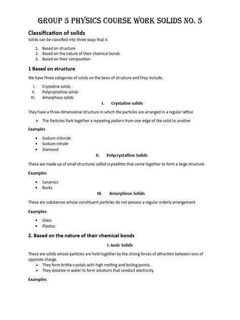 Classification Of Solids Group 5 Course Work 1 Pdf