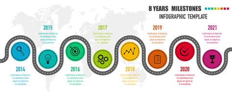 8년 로드맵 프로젝트 이정표 연례 보고서 및 프레젠테이션을 위한 타임라인 인포그래픽 생애주기에 대한 스톡 벡터 아트 및 기타 이미지 생애주기 인포그래픽 데이터