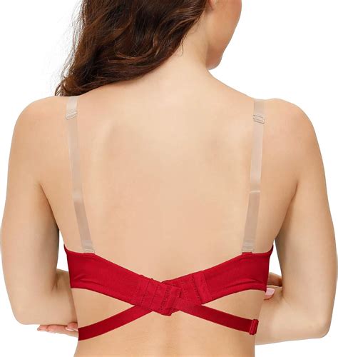 Hwdi Womens Plunge Deep V Push Up Low Back Convertible Bra With Clear Straps And Extension