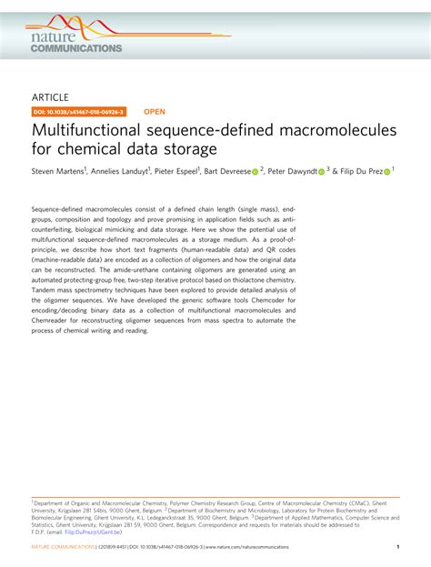 Pdf Multifunctional Sequence Defined Macromolecules For Chemical Data Storage