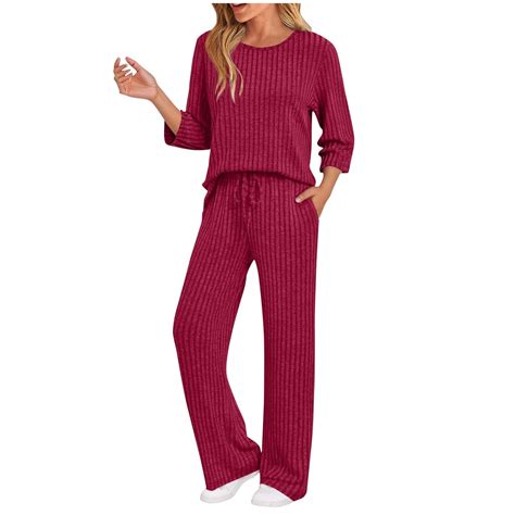 Casual Ribbed Knit Two Piece Sets For Women 2025 Crew Neck Sweatshirt