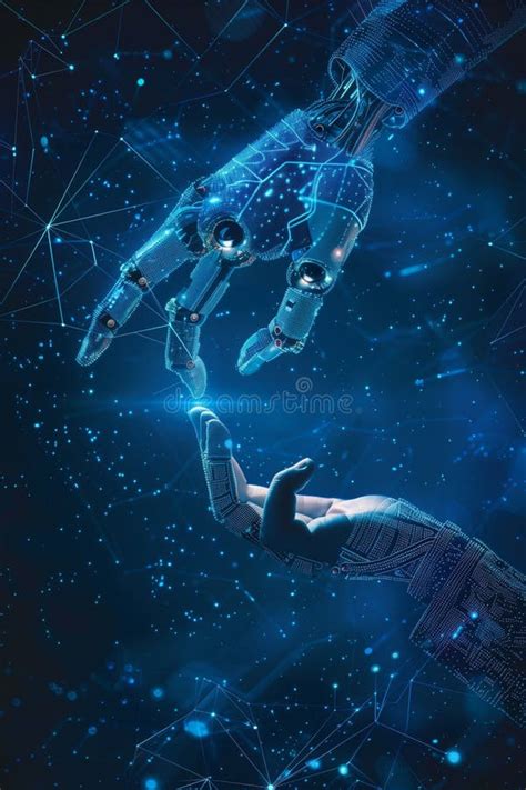 Ai Machine Learning Hands Of Robot Blue Background Futuristic With Connecting Dots And Lines