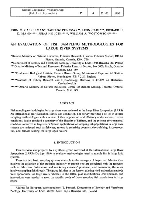 PDF An Evaluation Of Fish Sampling Methodologies For Large River Systems