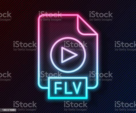 빛나는 네온 라인 Flv 파일 문서 비디오 파일 형식 검은 색 배경에서 격리된 Flv 버튼 아이콘을 다운로드합니다 Flv 파일 기호입니다 벡터 0명에 대한 스톡 벡터 아트