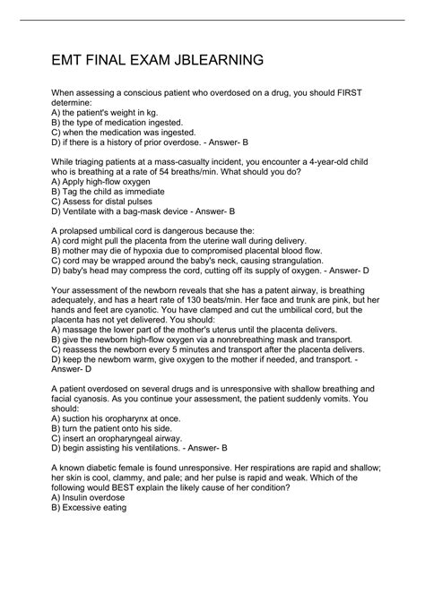 JB LEARNING EMT FINAL EXAM Chapter 24 Test Trauma JB Learning EMT B