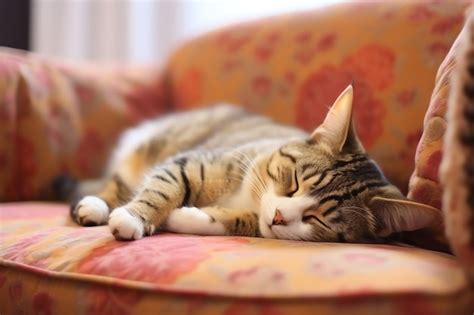 Premium AI Image Cute Cat Sleeping Or Resting On The Sofa At Home Lazy Cat Sleeping On The