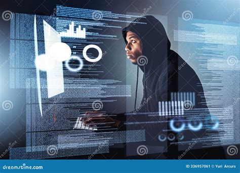 Man Hacker And Typing On Computer For Crime Data Breach And Cyber