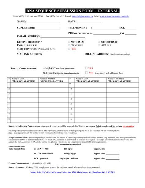 Dna Sequence Submission Form Internal