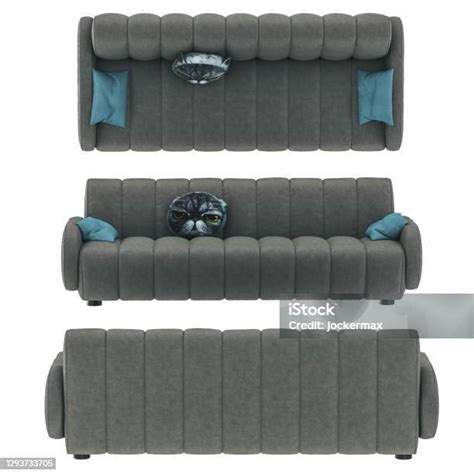 흰색 배경에 세 가지 각도로 베개가있는 회색 부드러운 소파 3d 렌더링 가구에 대한 스톡 사진 및 기타 이미지 가구 건축 등 Istock