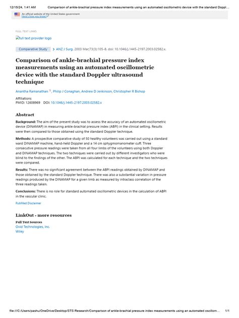 Comparison Of Ankle Brachial Pressure Index Measurements Using An Automated Oscillometric Device