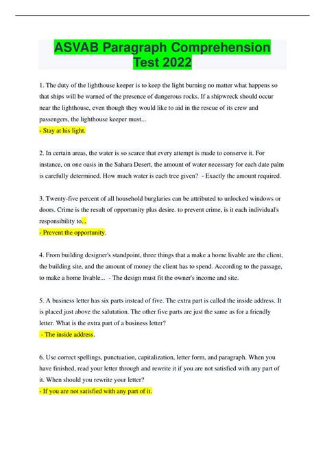 Asvab Paragraph Comprehension Test Latest 2022 Asvab Stuvia Us