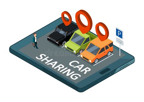 Isometric Car Sharing Vector Concept Mobile App Parking With Cars And Businessman Illustration