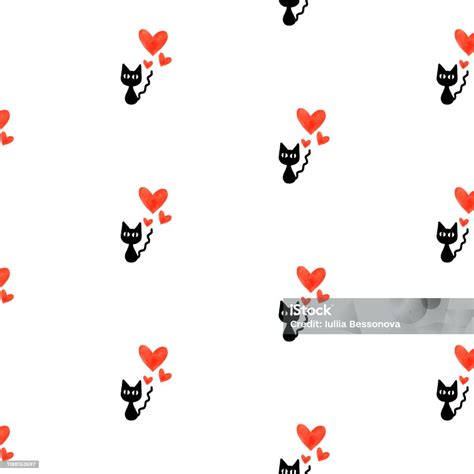 하트와 고양이와 귀여운 매끄러운 패턴 배경 포장지 포장 인사말 카드 인쇄물 표지 직물 직물 생일 발렌타인 데이 할로윈을위한 낭만적 인 질감 검은색에 대한 스톡 벡터 아트 및