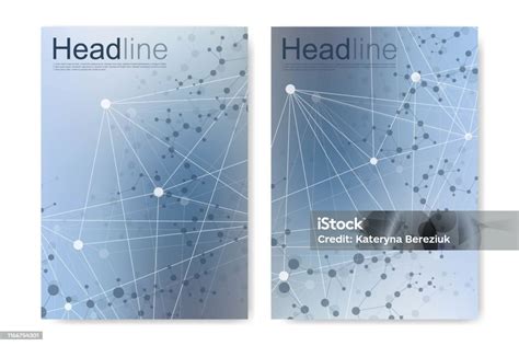 과학 브로셔 디자인 템플릿 벡터 전단지 레이아웃 연결된 선과 점이있는 분자 구조 잡지 전단지 표지 포스터 디자인을위한 요소와 과학 패턴 원자 Dna 0명에 대한 스톡 벡터
