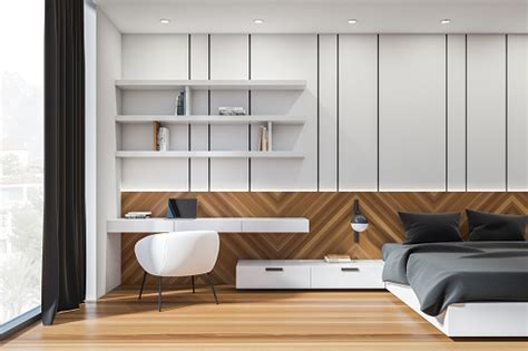 창문이있는 침대 린넨 및 작업장이있는 밝은 침실 인테리어 0명에 대한 스톡 사진 및 기타 이미지 0명 3차원 형태 가구 Istock