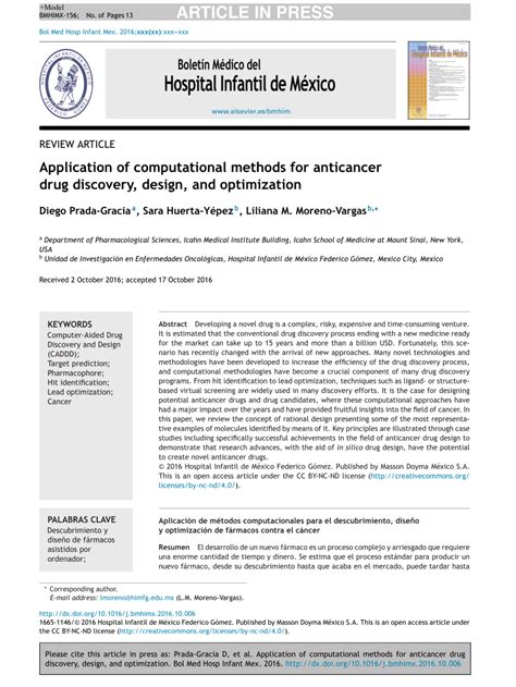 Pdf Application Of Computational Methods For Anticancer Drug Discovery Design And Optimization