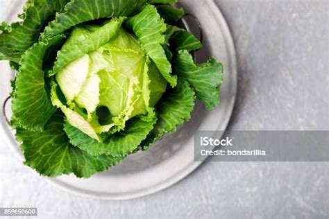 회색 바탕에 금속 접시에 신선한 녹색 양배추 최고의 볼 수 있습니다 공간에 복사 합니다 건강한 식생활에 대한 스톡 사진 및 기타 이미지 Istock