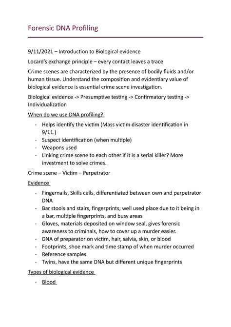 Forensic DNA Profiling Main Notes Forensic DNA Profiling 9 11 2021 Introduction To
