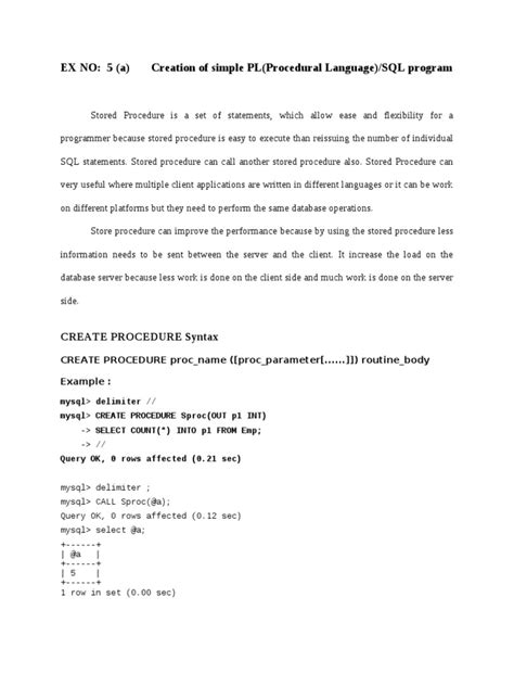 Ex No 5 A Creation Of Simple Pl Procedural Language Sql Program