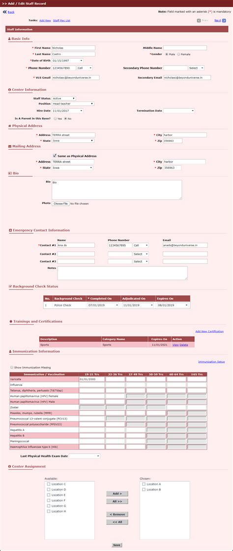 Editing The Existing Staff Record