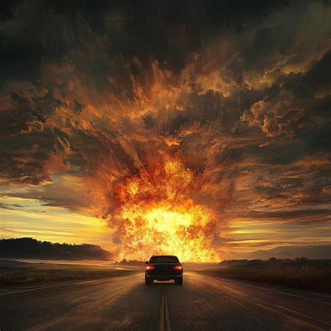 Vehicle Launches Off Ramp Fiery Explosion Distant Dramatic Sky Overhead