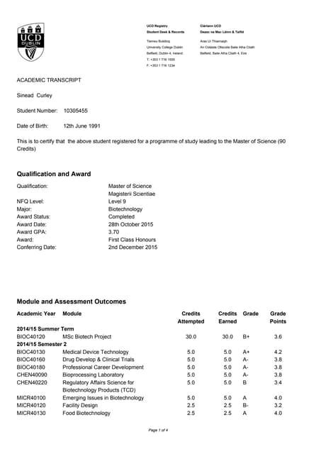 Masters Academic Transcript Pdf College Education Education