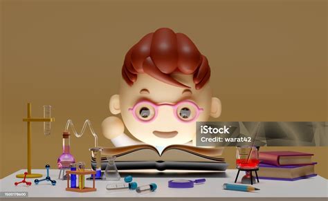 3d 미니어처 만화 과학자 소년은 과학 실험 키트와 함께 마법의 책을 열고 실험실의 책상은 분홍색 배경에 격리되어 있다 방 혁신적인 교육 개념 3d 렌더링 일러스트레이션 3