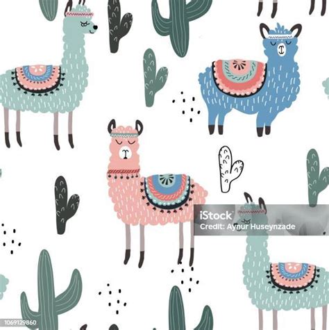 라마와 선인장 완벽 한 패턴입니다 직물 섬유 벽지에 대 한 벡터 일러스트 레이 션 0명에 대한 스톡 벡터 아트 및 기타 이미지