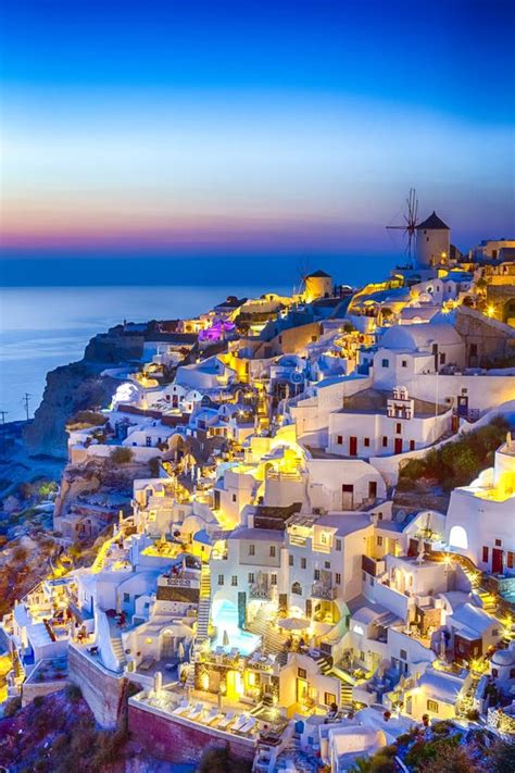 Travel Concepts Skyline Of Oia Town With Traditional White Arch Stock