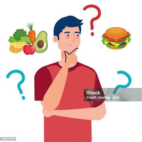 건강하고 건강에 해로운 음식 패스트 푸드 대 균형 잡힌 메뉴 중에서 선택하는 남자 개념에 대한 스톡 벡터 아트 및 기타 이미지 개념 건강에 좋지 않은 음식 건강한