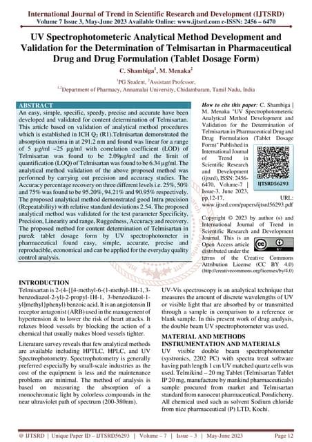 Uv Spectrophotometeric Analytical Method Development And Validation For The Determination Of