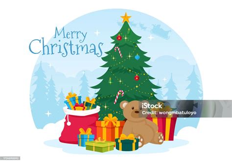 산타 클로스 지팡이 공 선물 상자 깜짝 선물 나무와 눈 배경이 플랫 만화 디자인에 있는 메리 크리스마스 벡터 일러스트레이션 선물에 대한 스톡 벡터 아트 및 기타 이미지
