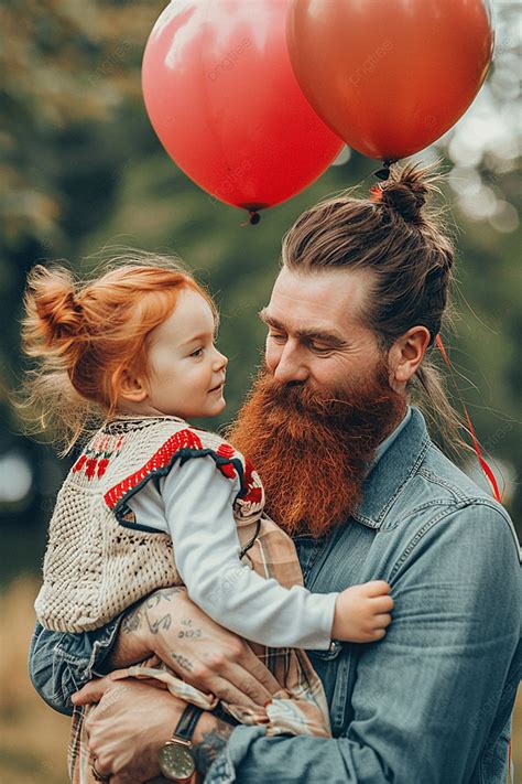 사랑해요 아빠 수염난 빨간 머리 아버지는 풍선을 들고 있는 귀여운 어린 소녀와 놀아요 축제 옷을 입은 여자 아이로부터 포옹을 받습니다 어린이날을 축하합니다 배경 배경 화면