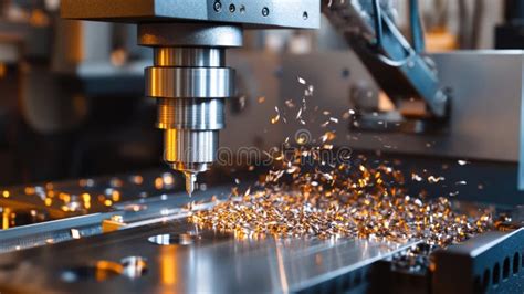 Metalworking Cnc Milling Machine Creating Metal Shavings In Workshop Stock Image Image Of