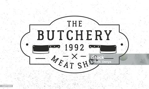 도살장 빈티지 로고 개념 빈티지 프레임과 고기 칼이 있는 정육점 로고 고기 가게 로고 템플릿입니다 그런지 질감 벡터 그림 거친에 대한 스톡 벡터 아트 및 기타 이미지