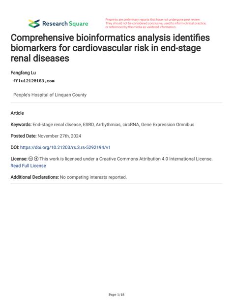 Pdf Comprehensive Bioinformatics Analysis Identifies Biomarkers For Cardiovascular Risk In End