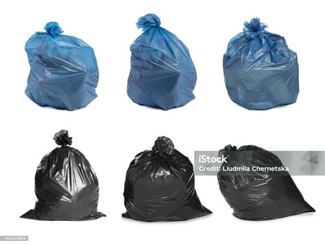 흰색 배경에 쓰레기로 가득 찬 쓰레기 봉투로 설정 0명에 대한 스톡 사진 및 기타 이미지 0명 가득 찬 가방 Istock