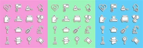 세트 라인 후추 패킷 수도꼭지 깨진 계란 프라이팬 주방 추출기 팬 도마와 칼 요리사 모자와 토스터 아이콘 벡터 검은색에 대한