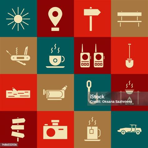 자동차 모닥불 냄비 삽 도로 교통 표지판 커피 컵 스위스 군용 칼 태양 및 워키토키 아이콘을 설정합니다 벡터 거리에 대한 스톡 벡터 아트 및 기타 이미지 Istock