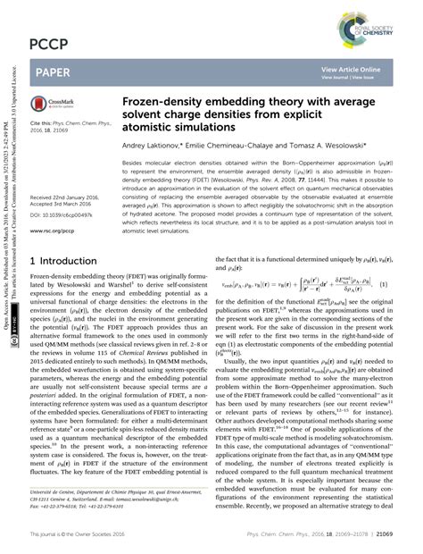 Pdf Frozen Density Embedding Theory Simulations With Average Solvent Charge Densities From
