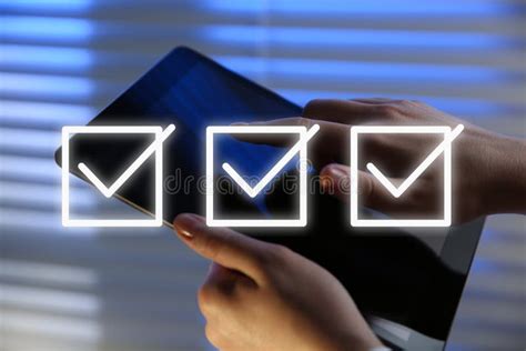 Illustration Of Check Boxes With Marks And Woman Using Tablet Indoors Closeup Stock Image