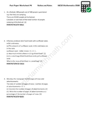 Ratios Igcse Mathematics 0580 Past Papers Worksheet Teaching Resources