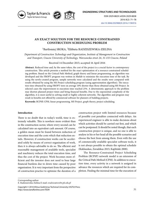 Pdf An Exact Solution For The Resource Constrained Construction