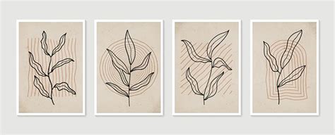 식물벽 아트 벡터 세트 최소한의 자연 벽 예술 추상적인 모양의 보호 단풍 라인 아트 드로잉 인쇄 벽지 커버에 대한 추상 식물 예술 디자인 현대 벡터 일러스트레이션 가을에