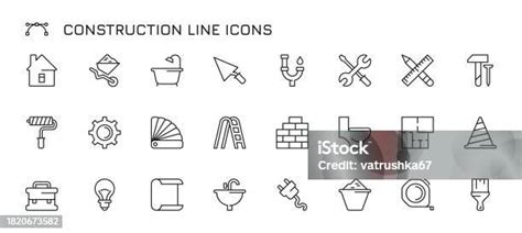 구성선 아이콘 건물 엔지니어 도구 벽돌 톱 버킷 렌치 및 히터 배관 개조 계획 벡터 격리 세트 개념에 대한 스톡 벡터 아트 및 기타 이미지 Istock