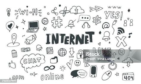 인터넷 낙서 디자인 요소 흰색 배경에 벡터 일러스트 레이션 세트 다양한 인터넷 및 소셜 미디어 요소 디자인을위한 손으로 그린 Doolde 스타일 일러스트레이션 에 대한