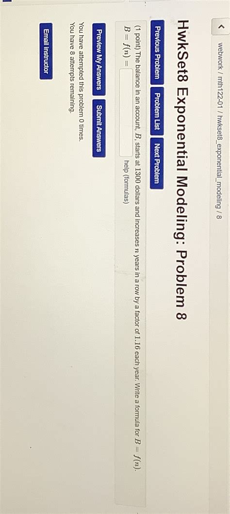 Solved Webwork ﻿mth122 01 ﻿hwkset8exponentialmodeling
