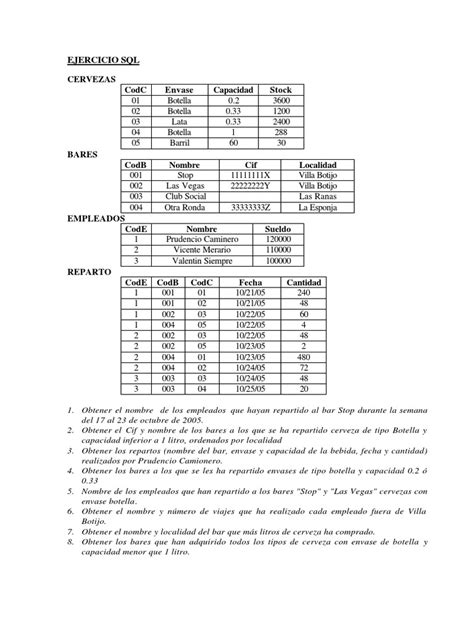 Clase 12 Ejercicio Sql Bd Bares Pdf Preparación De Comida Y Bebida