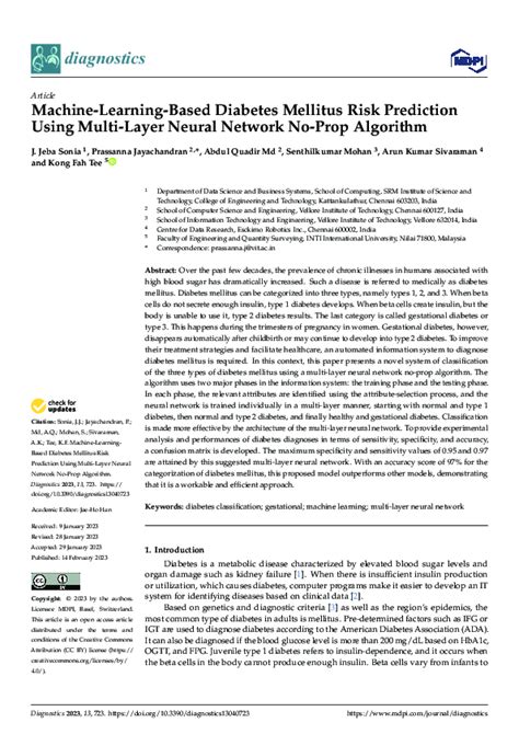 Pdf Machine Learning Based Diabetes Mellitus Risk Prediction Using